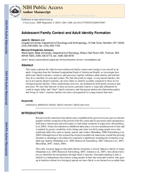 (PDF) Adolescent Family Context and Adult Identity Formation | Monica ...