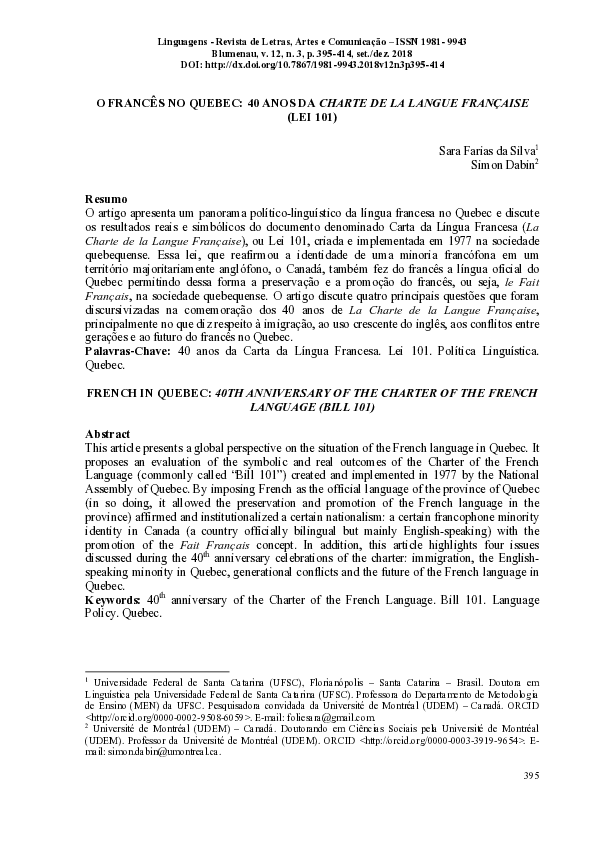 (PDF) O Francês No Quebec: 40 Anos Da Charte De La Langue Française ...