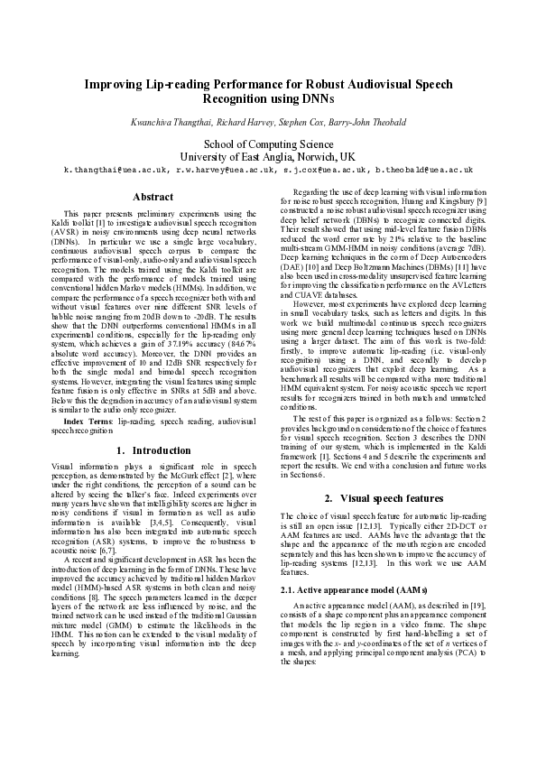 (PDF) Improving Lip-reading Performance for Robust Audiovisual Speech Recognition using DNNs
