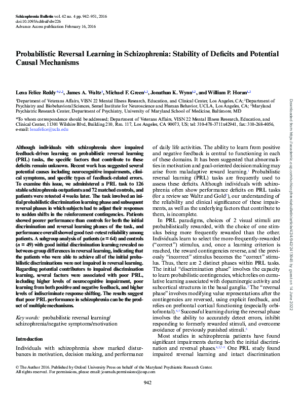 (PDF) Probabilistic Reversal Learning in Schizophrenia: Stability of Deficits and Potential ...