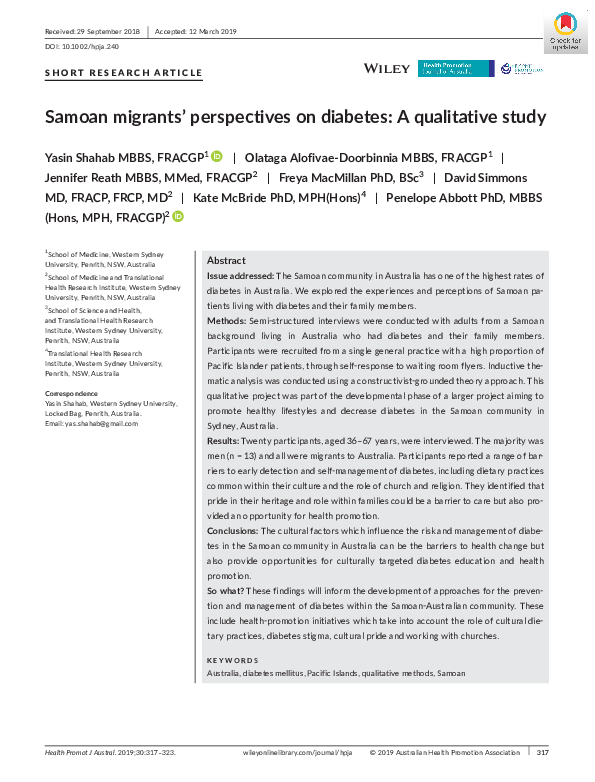 (PDF) Samoan migrants’ perspectives on diabetes: A qualitative study