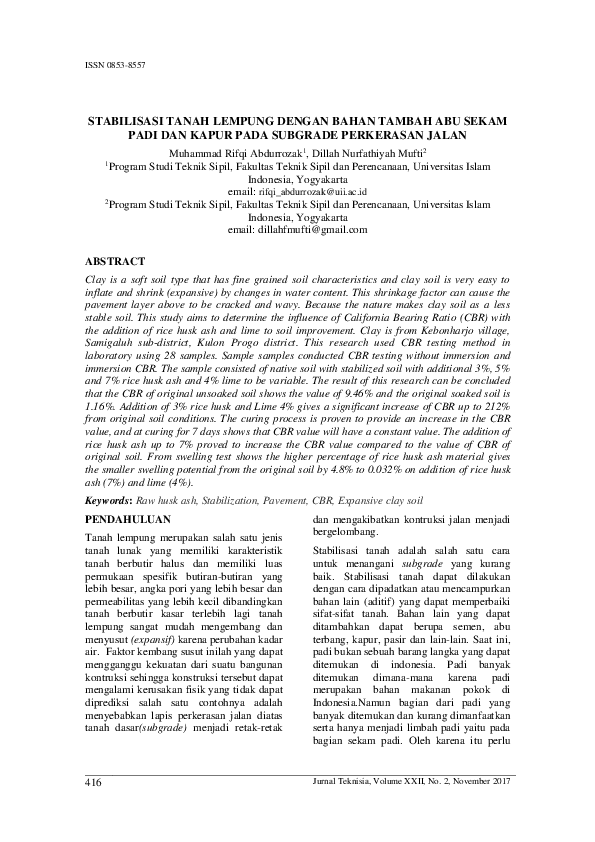(PDF) Stabilisasi Tanah Lempung Dengan Bahan Tambah Abu Sekam Padi Dan Kapur Pada Subgrade ...