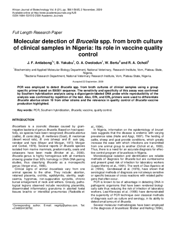 Pdf Molecular Detection Of Brucella Spp From Broth Culture Of Clinical Samples In Nigeria