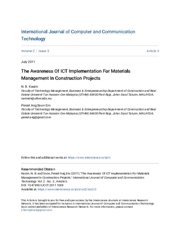 (PDF) The Awareness Of ICT Implementation For Materials Management In ...