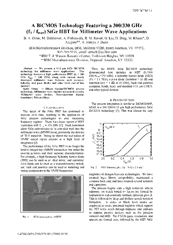 (PDF) A BiCMOS Technology Featuring a 300/330 GHz (fT/fmax) SiGe HBT for Millimeter Wave ...