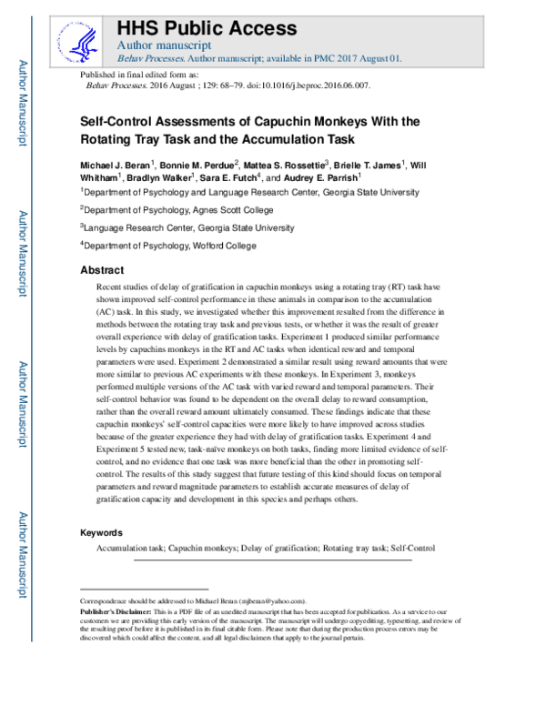 (PDF) Self-control assessments of capuchin monkeys with the rotating tray task and the ...