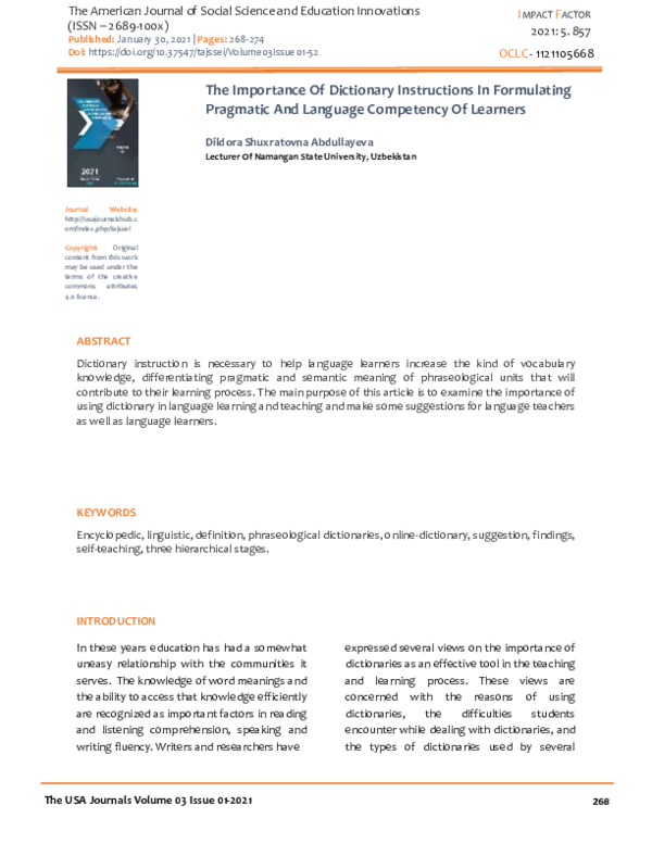 (PDF) The Importance Of Dictionary Instructions In Formulating ...