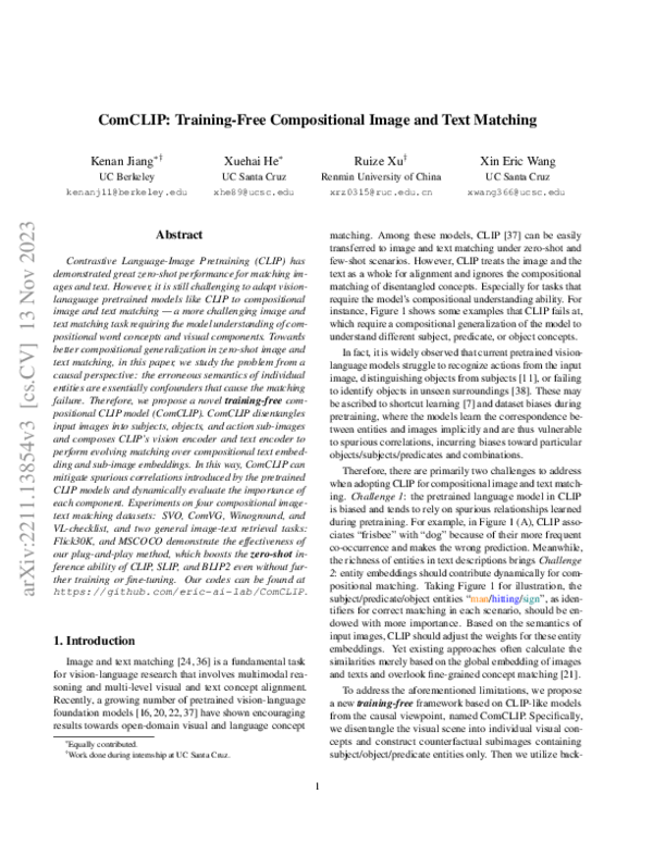 (PDF) ComCLIP: Training-Free Compositional Image and Text Matching | Kenan Jiang - Academia.edu