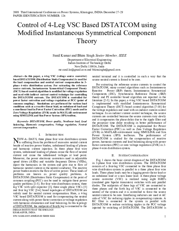 (PDF) 4-Leg VSC DSTATCOM Control Using ISCT