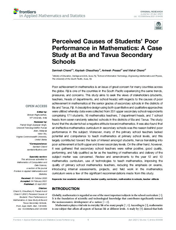 (PDF) Perceived Causes of Students’ Poor Performance in Mathematics: A ...