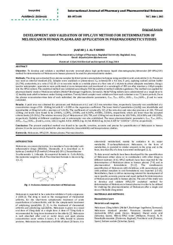 (PDF) DEVELOPMENT AND VALIDATION OF MELOXICAM IN HUMAN PLASMA AND APPLICA
