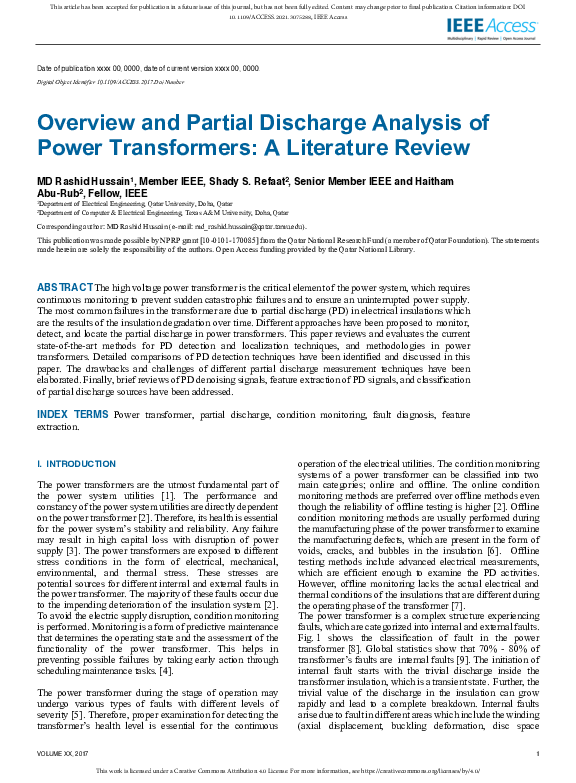 (PDF) Overview and Partial Discharge Analysis of Power Transformers: A Literature Review