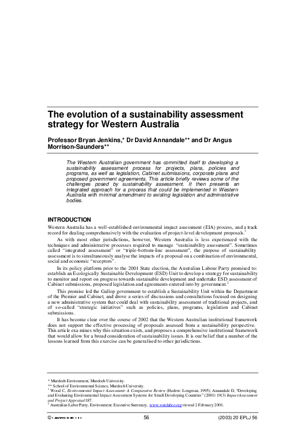 (PDF) The evolution of a sustainability assessment strategy for Western ...