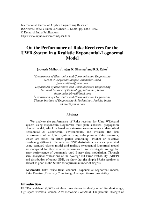 (PDF) On the Performance of Rake Receivers for the UWB System in a Realistic Exponential ...