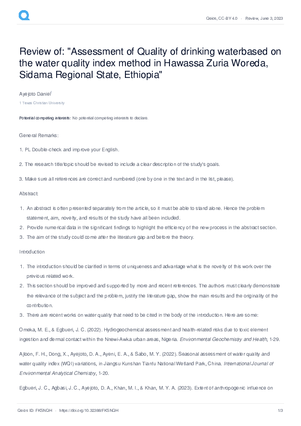 (PDF) Review of: "Assessment of Quality of drinking waterbased on the ...