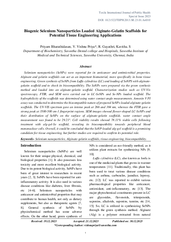 (PDF) Biogenic Selenium Nanoparticles Loaded Alginate-Gelatin Scaffolds ...