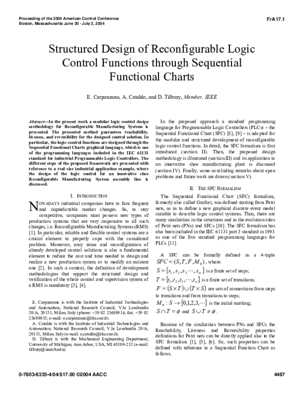 (PDF) Structured design of reconfigurable logic control functions through sequential functional ...