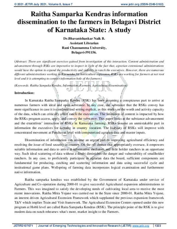 (PDF) Raitha Samparka Kendras information dissemination to the farmers ...