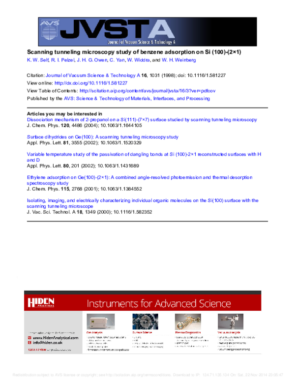 (PDF) Benzene Adsorption on Si(100)-(2×1) Studied by STM