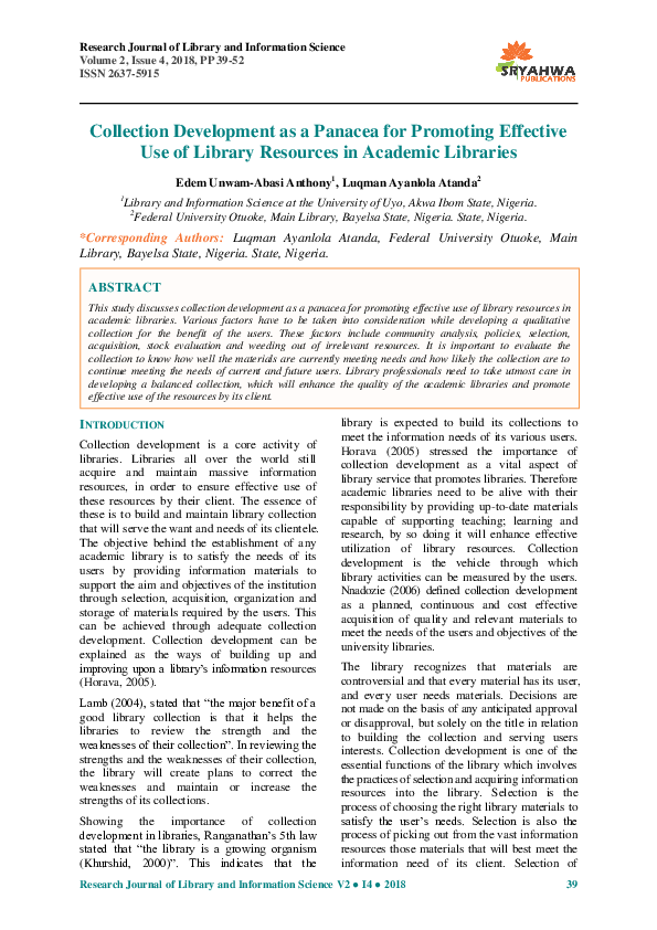 (PDF) Collection development as a panacea for promoting effective use of: library resources in ...