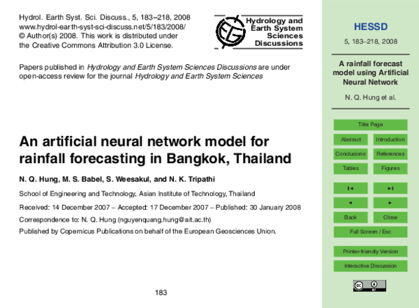 (PDF) An artificial neural network model for rainfall forecasting in Bangkok, Thailand