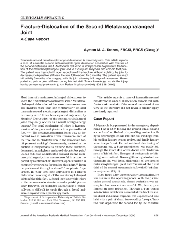 (PDF) Fracture-Dislocation of the Second Metatarsophalangeal Joint