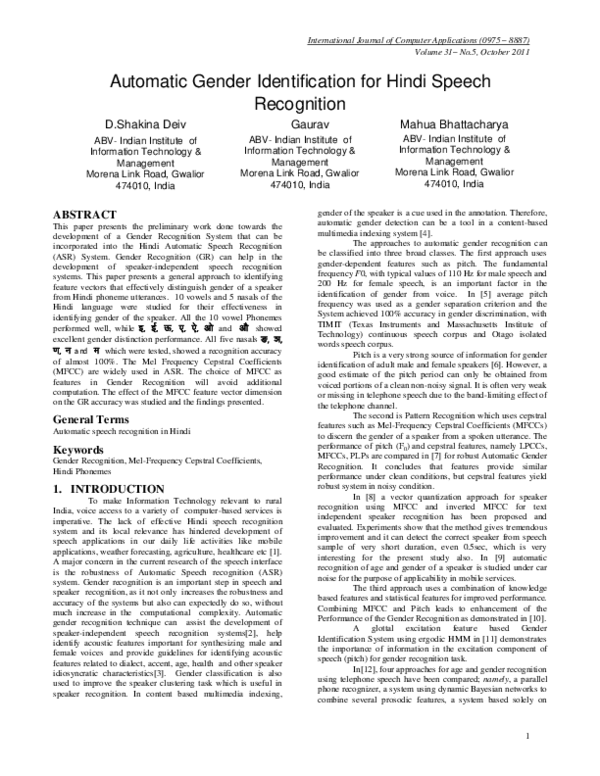 (PDF) Automatic Gender Identification for Hindi Speech Recognition