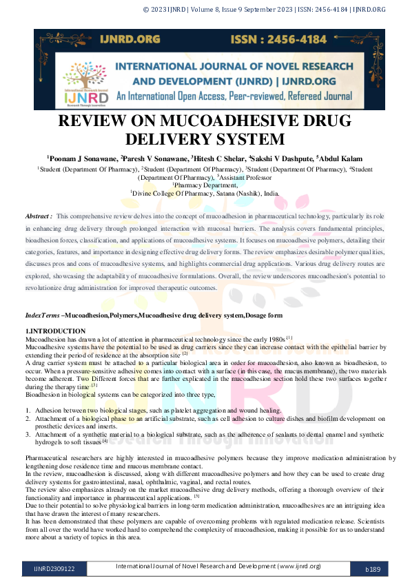 (PDF) REVIEW ON MUCOADHESIVE DRUG DELIVERY SYSTEM 1