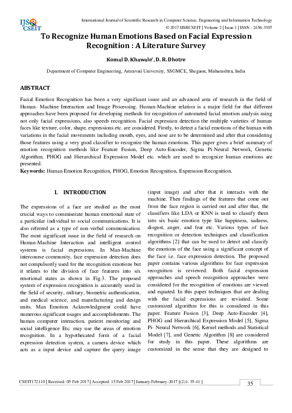 (PDF) To Recognize Human Emotions Based on Facial Expression Recognition : A Literature Survey
