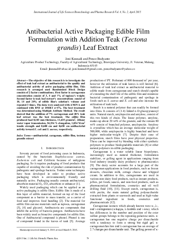 (PDF) Antibacterial Active Packaging Edible Film Formulation with ...