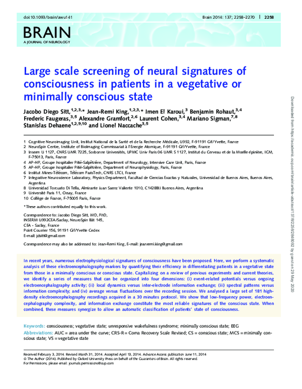 (PDF) Large scale screening of neural signatures of consciousness in ...