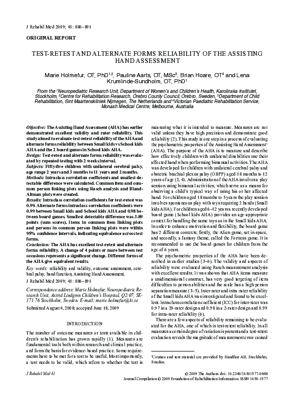 (PDF) Reliability of the Assisting Hand Assessment