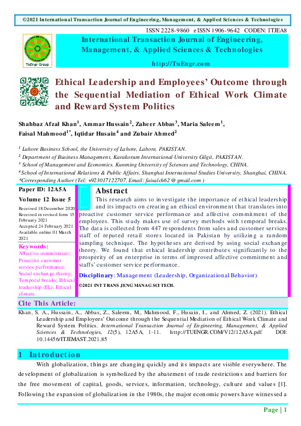 (PDF) Ethical Leadership and Employees' Outcome through the Sequential Mediation of Ethical Work ...