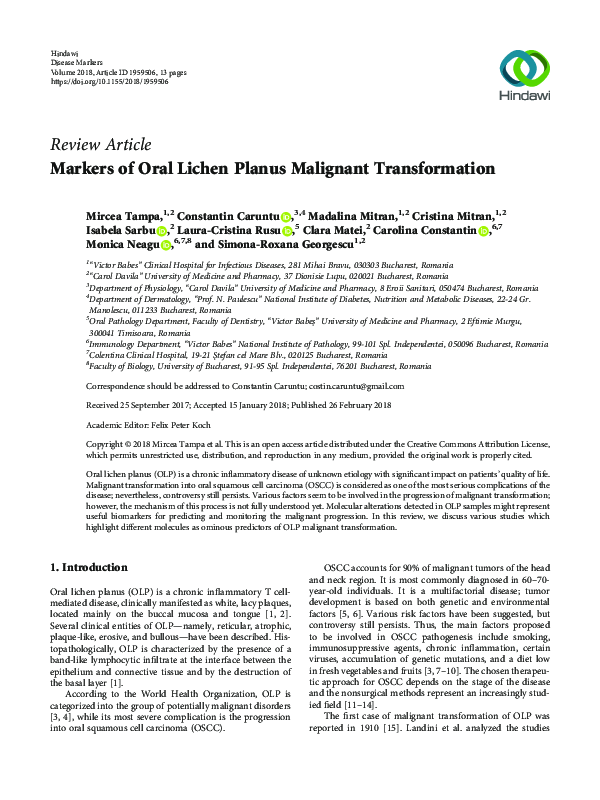 (PDF) Markers of Oral Lichen Planus Malignant Transformation
