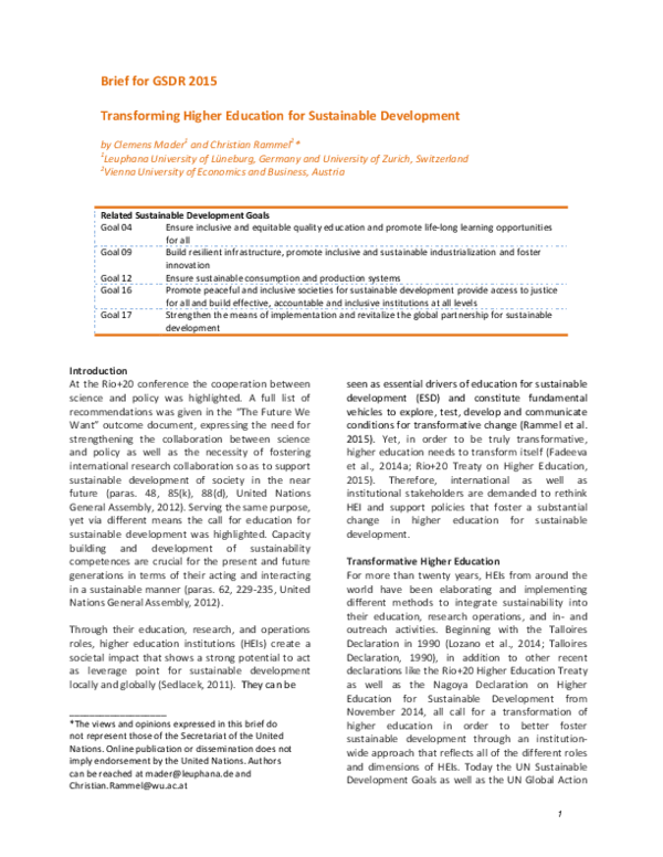 (PDF) Brief for GSDR 2015: Transforming Higher Education for ...