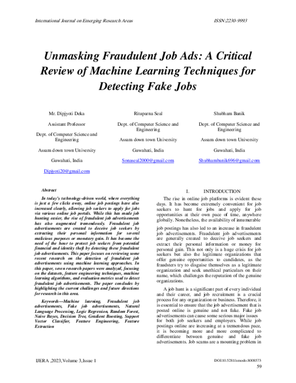 (PDF) Unmasking Fraudulent Job Ads: A Critical Review of Machine ...