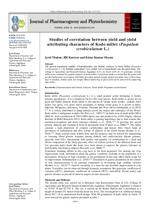 (PDF) Studies of correlation between yield and yield attributing characters of Kodo millet ...