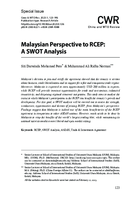 (PDF) Malaysian Perspective to RCEP: A SWOT Analysis