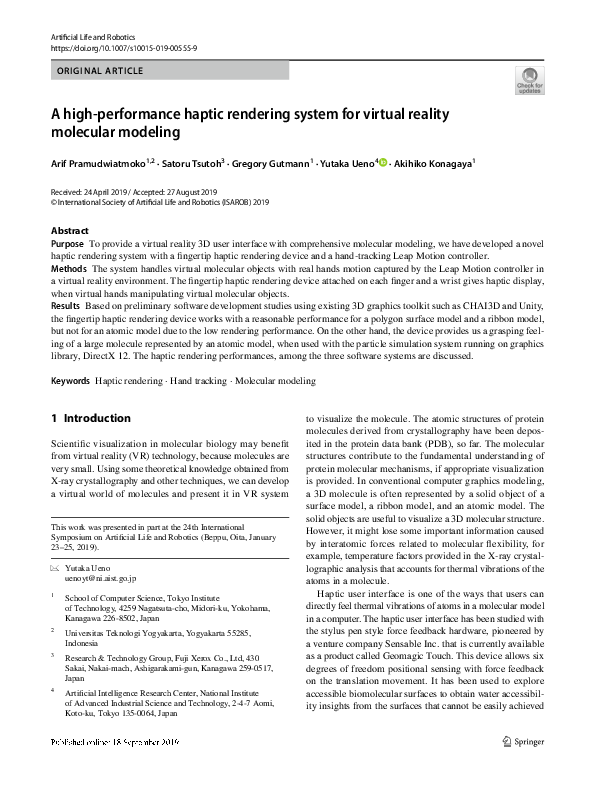 Pdf A High Performance Haptic Rendering System For Virtual Reality Molecular Modeling