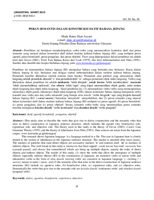 (PDF) Peran Semantis Dalam Konstruksi Datif Bahasa Jepang