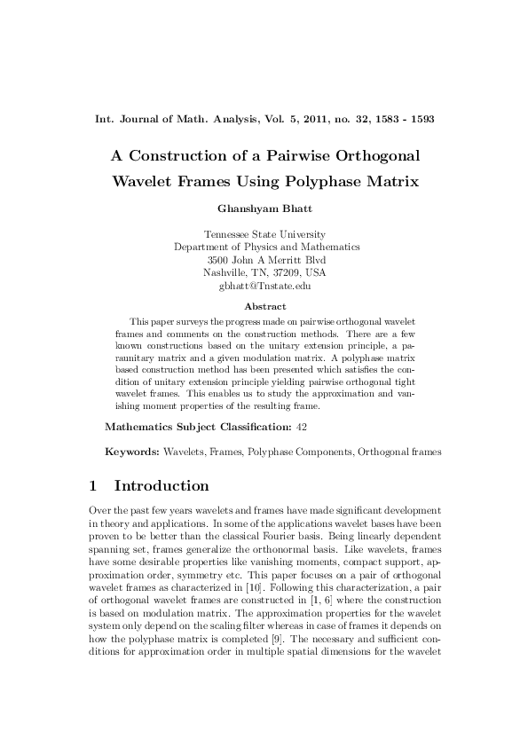 Pdf A Construction Of A Pairwise Orthogonal Wavelet Frames Using Polyphase Matrix