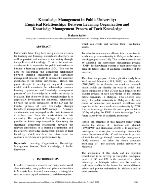 (PDF) Knowledge Management in Public University: Empirical Relationship Between Learning ...