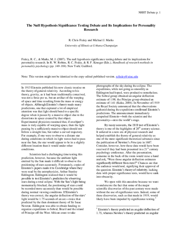 Pdf The Null Hypothesis Significance Testing Debate And Its Implications For Personality Research