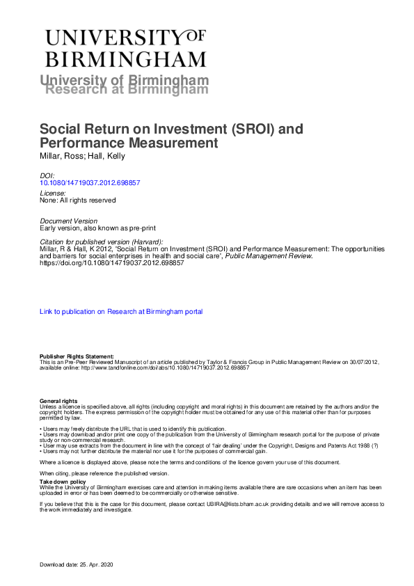 (PDF) Social Return on Investment (SROI) and Performance Measurement