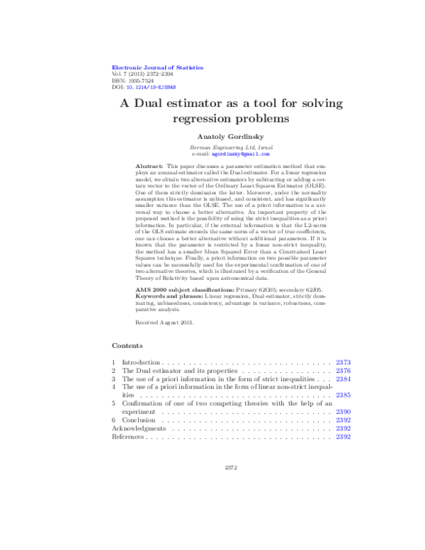 (PDF) A Dual estimator as a tool for solving regression problems