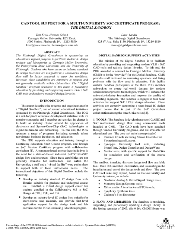 (PDF) CAD tool support for a multi-university SoC certificate program ...