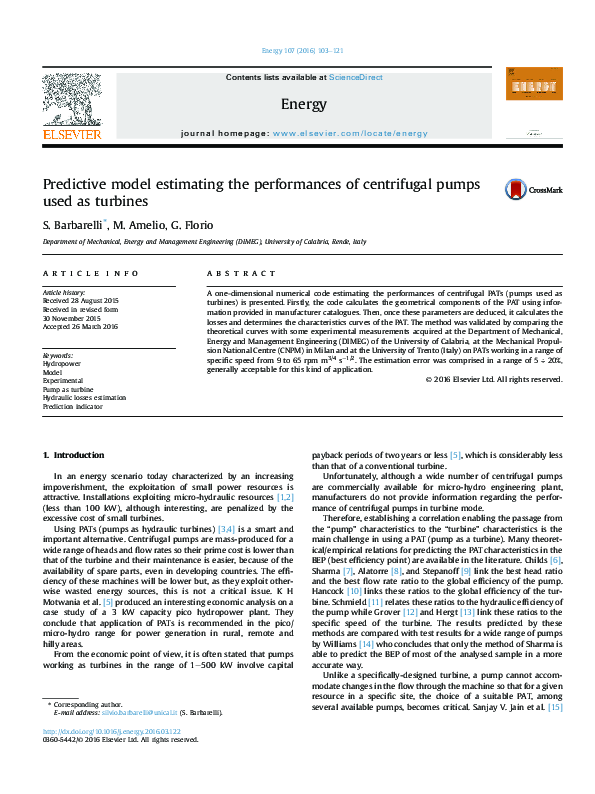 (PDF) Predictive model estimating the performances of centrifugal pumps used as turbines