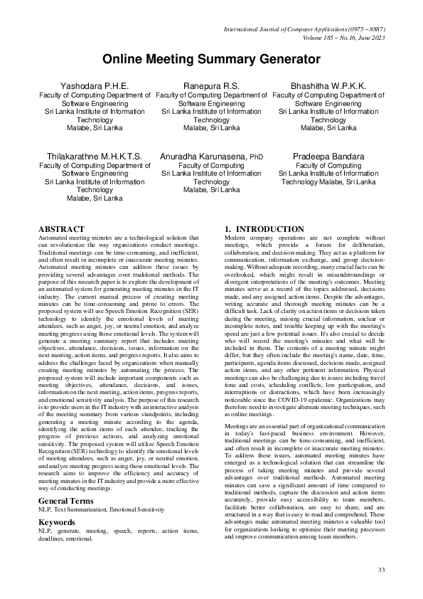 (PDF) Online Meeting Summary Generator