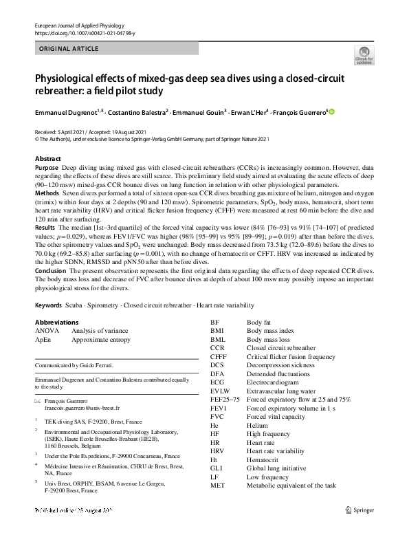 (PDF) Physiological effects of mixed-gas deep sea dives using a closed ...