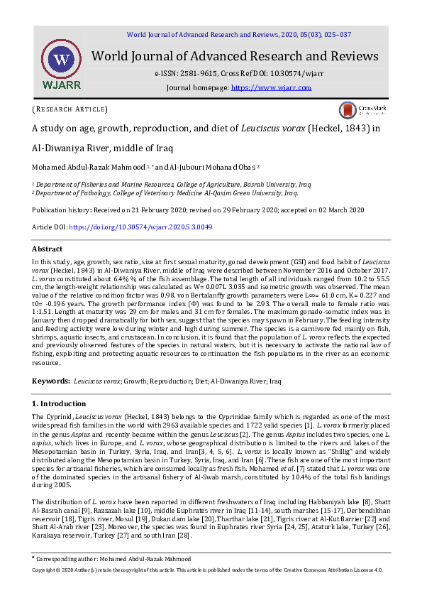 (PDF) A study on age, growth, reproduction, and diet of Leuciscus vorax ...